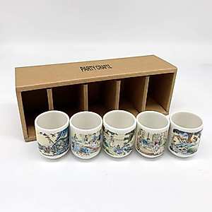 PARTYCRAFTZ Korean Soju Shot Glass Set – 5 Piece Ceramic Pottery Cup for Whiskey Sake Vodka Alcohol Liquor w/Korea Traditional Illustration Paintings Gift Party Decoration Display Drinking Glasses