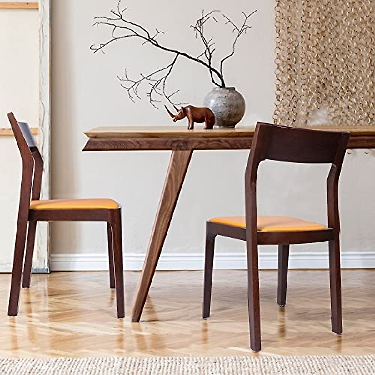 LUCKYERMORE Mid Century Morden Dining Chair Set of 2 Solid Wood Kitchen Chair Farmhouse Fully Assembled Upholstered Leather Cushion Heavy Duty Hold Up to 500 lbs