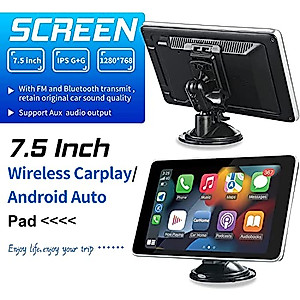 Wireless Portable Car Stereo with Rear Camera Dash or Windshield Mounted 7.5” IPS Touchscreen Car Receiver Compatible with Apple Carplay/Android Auto，Bluetooth，Mirror Link，Google，Siri Assistant