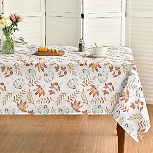Horaldaily Fall Tablecloth 60x84 Inch, Thanksgiving Autumn Harvest White Pumpkin Orange Leaf Table Cover for Party Picnic Dinner Decor