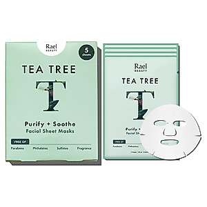Rael Face Mask Skin Care, Tea Tree Face Masks - Bamboo Facial Sheet Mask, Korean Skincare, with Tea Tree Oil and Fruit Extracts, All Skin Types (Tea Tree, 5 Sheets)