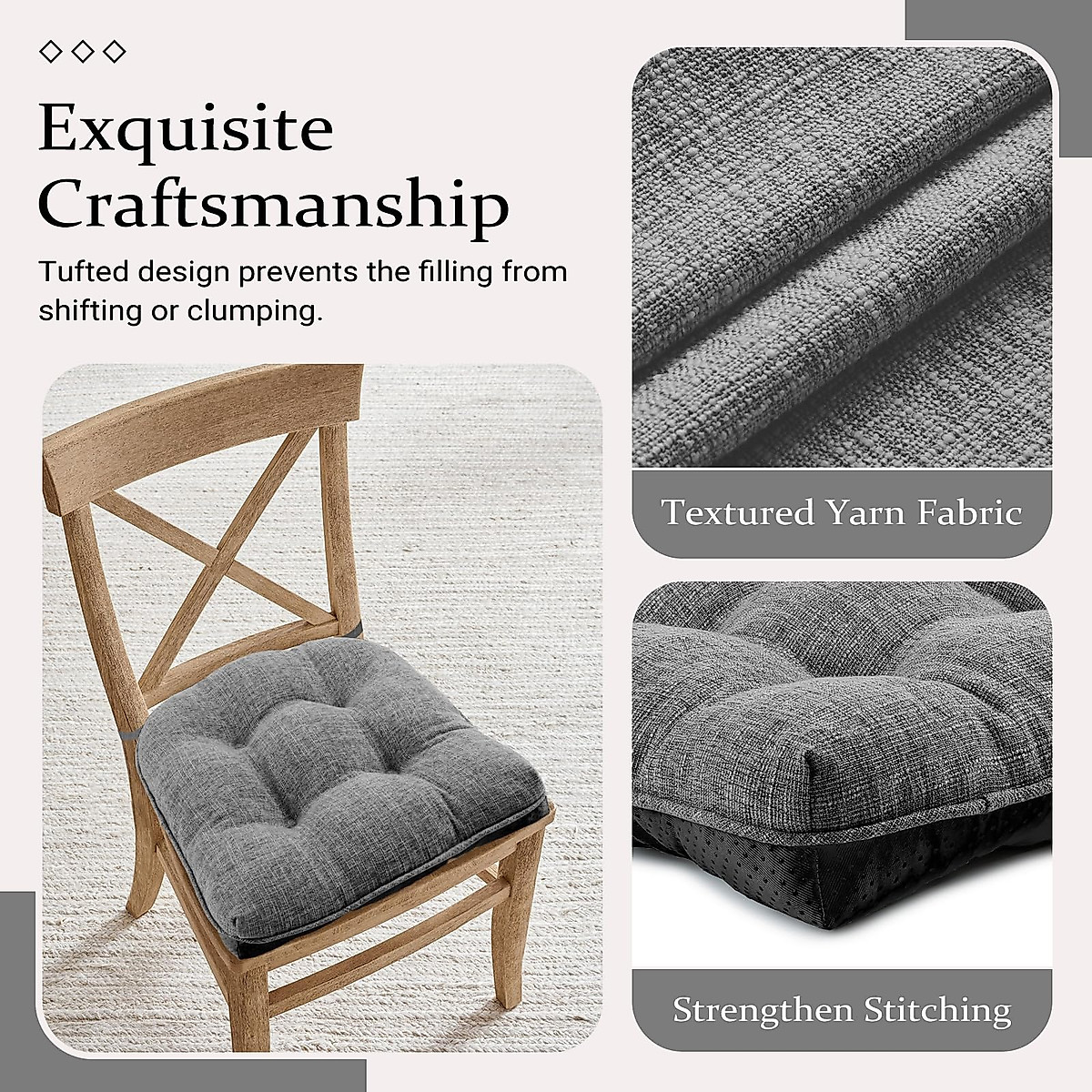 Wellsin Chair Cushions for Dining Chairs 4 Pack, 15.5" X 15.5" Kitchen Chair Cushions with Ties and Non-Slip Backing, Tufted Shredded Memory Foam Kitchen Chair Pads, Dark Gray