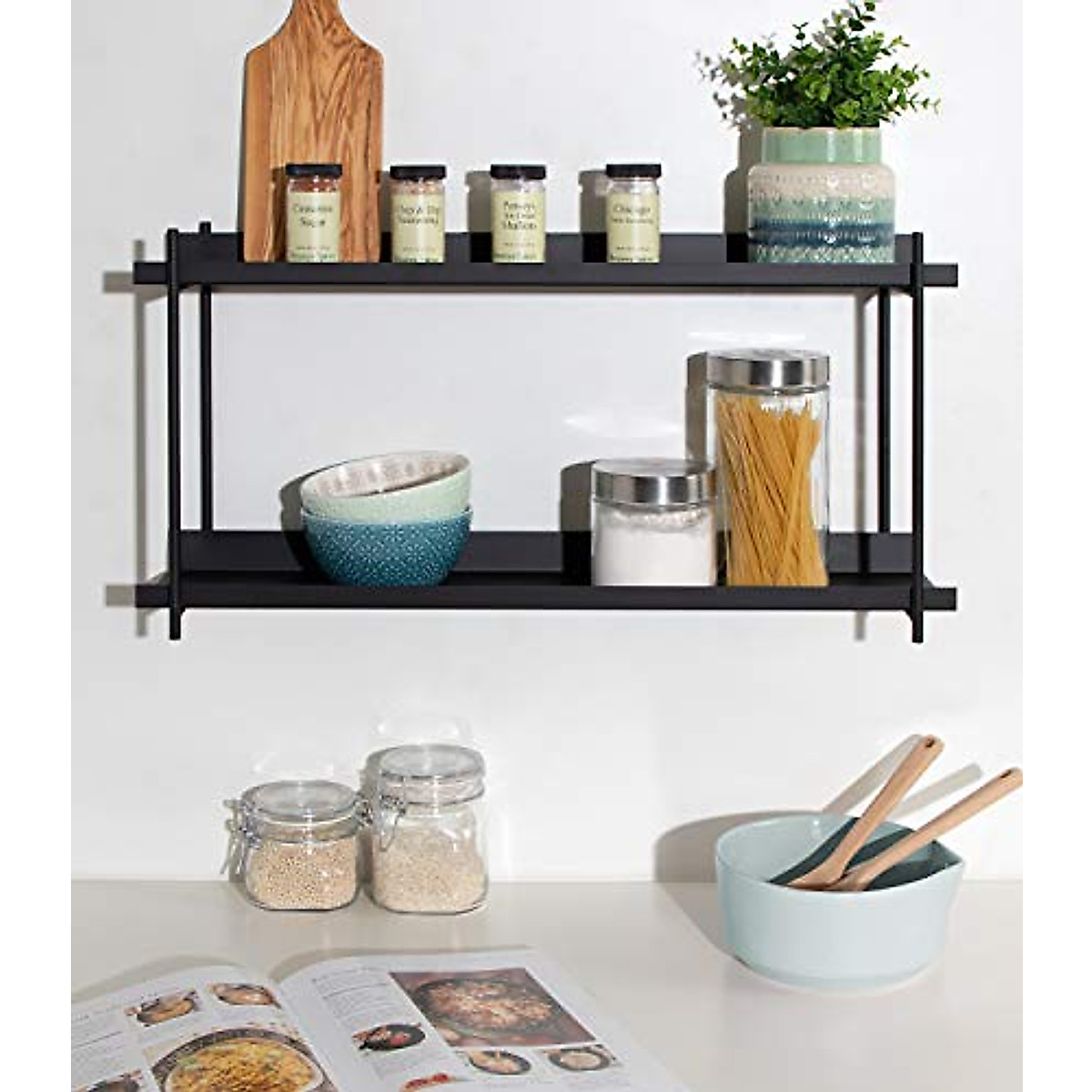 Kate and Laurel Dominic Modern Metal Shelf, 28 x 7 x 14.5, Black, Sleek 2-Tier Floating Book Shelves for Wall
