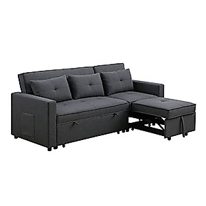 TUTB 80'' L-Shape Convertible Sleeper Sectional Sofa with Pull-Out Recliner and Bed, Side Pocket, Linen Corner 3 Person Couch for Home Furniture, Living Room, Apartment, Dorm, Dark Gray, 80