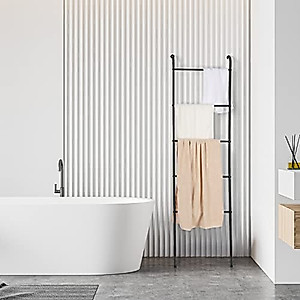 Towel Blanket Ladder Leaning Black Metal Blanket Holder 5 Tier Industrial Ladder Rack for Bathroom Living Room Laundry Room (Matte Black)
