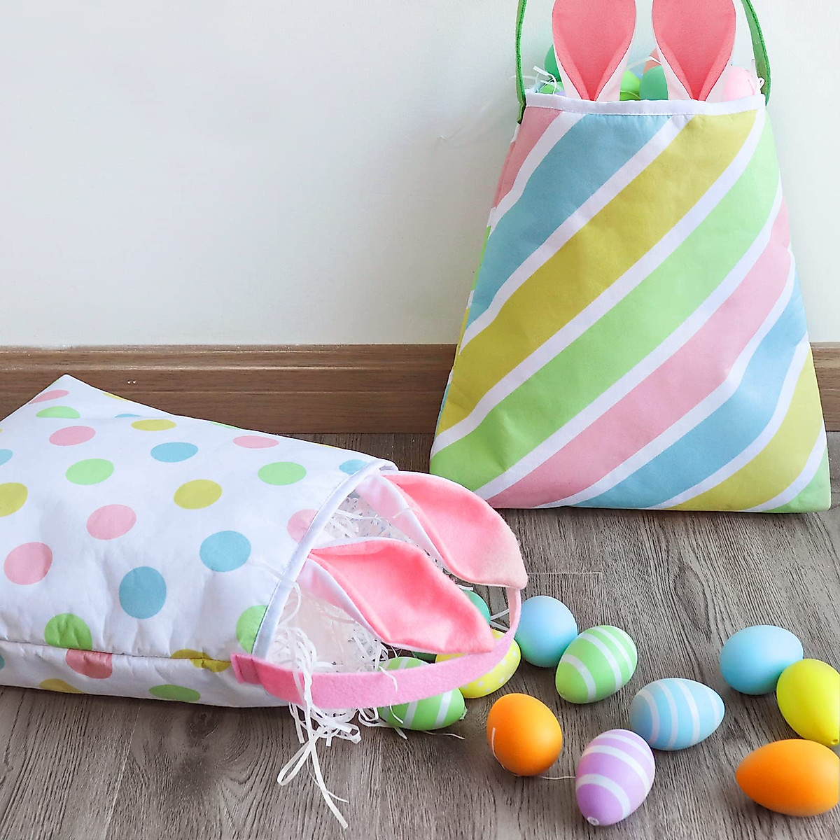 Ivenf Easter Egg Hunt Basket Bag: 3ct Cute Pink Blue Green Easter Bunny Ears Gift Bag for Easter Basket Egg Hunt Games, Kids School Home Office Party Supplies, Spring Decorations