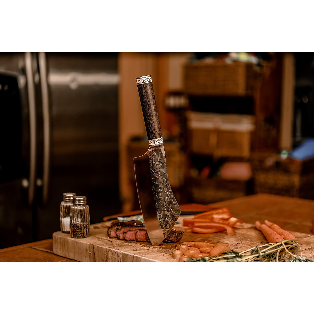 Norse Tradesman Chef & Cleaver Hybrid Knife - 7.5" Razor Sharp Kitchen Knife – Genuine Cowbone Accented Handle with Celtic Knot Engravings – Artisan Forged