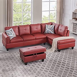 NOTOP 3-Piece Faux Leather L-Shaped Sectional Sofas, Button Tufted Upholstered Couch Set with Right Chaise Longue and Storage Ottoman, for Living Room, Home, Office, Red