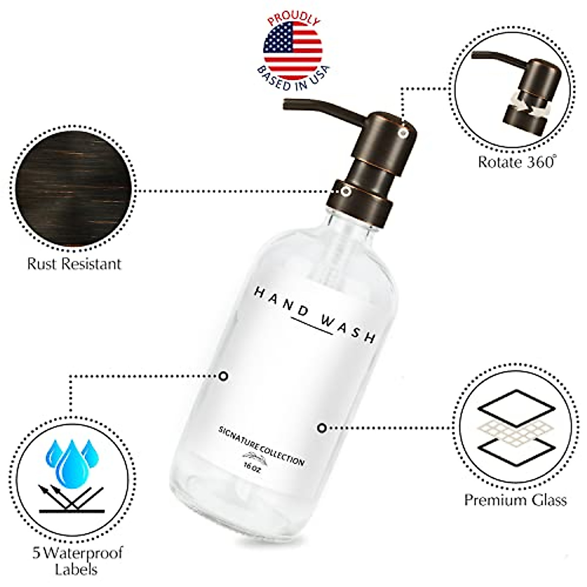 Emerson Essentials Glass Soap Dispenser Set, 2 Pack, Hand Soap Dispenser for Bathrooms and Dish Soap for Kitchen Sink with Pumps, Lotion 16oz Bottles with 5 Waterproof Labels (Clear/Oil Rubbed Bronze)