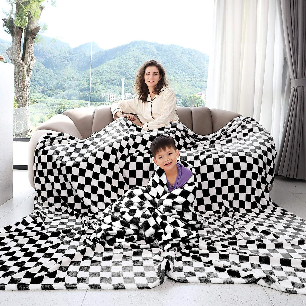 Warm Blanket Soft Cozy Throw Blanket Checkered Fleece Throw Blankets for Couch (Checkerboard Black, 50"x60")