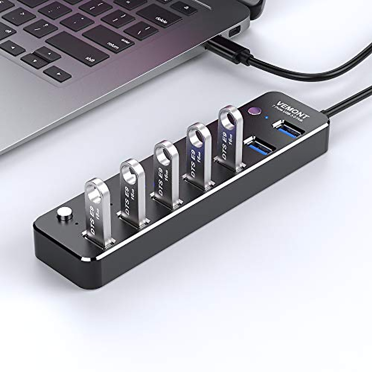 VEMONT USB hub Aluminum USB 3.0 Data Hub with Individual On/Off Switches and LED Lights for Laptop, PC, Computer (4ft/120cm) (7port)