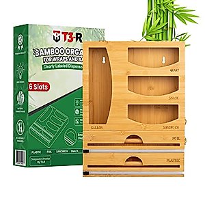 T3-R Foil and Plastic Wrap Organizer - 6-in-1 Bamboo Organizer Plastic Wrap Dispenser with Cutter for Kitchen Drawer - Best Use for Sandwich Bag, Aluminum Foil, Wax Paper and Plastic Wrap
