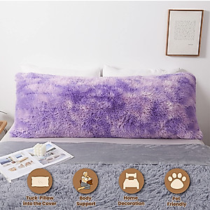 MEGO Tie Dye Print Fluffy Body Pillow Cover, 20x54 Shaggy Faux Fur Body Pillow Case, Light Purple Plush Fuzzy Body Pillowcase, Decorative Furry Long Bed Pillow with Zipper Hug Pillow Tie Dye Lavender