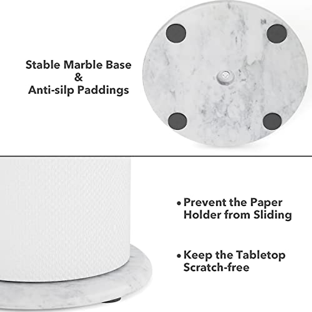 Susswiff Paper Towel Holder Countertop with Natural Marble Base, Kitchen Roll Holder, Standing Paper Towel Dispenser for Standard or Jumbo-Sized Rolls, Matte Black