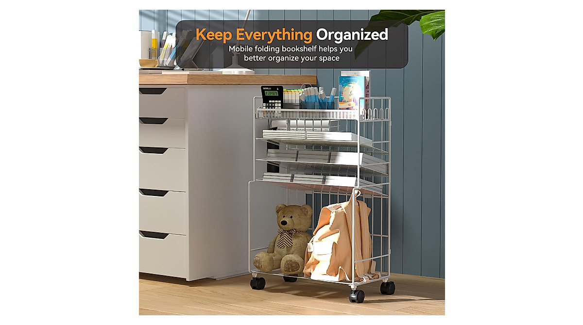 FIROK Mobile Bookcase with Wheels - Heavy Duty Storage Cart