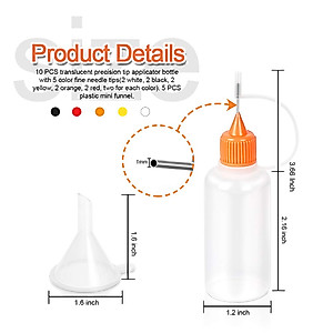 Fandamei 10 PCS Precision Tip Applicator Bottle, 5 Color Glue Applicator Bottle with 5PCS Mini Funnel, 30ml/1 Ounce Fine Needle Tip Squeeze Bottle for Alcohol Ink DIY Quilling Craft Acrylic Painting