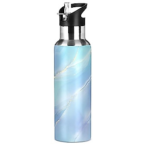 Kigai Blue Gold Marble Stainless Steel Sports Water Bottle BPA-Free Vacuum Insulated Leakproof Wide Mouth Flask with Straw Lid Keeps Liquids Cold or Hot for Gym Travel Camping