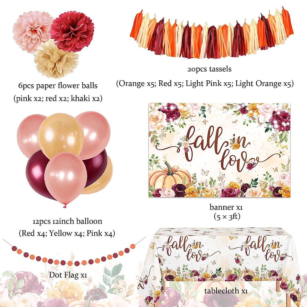 Fall Bridal Shower Decorations - Fall In Love Banner Balloons Set Fall Pumpkin Floral Theme Party Decorations for Fall Bachelorette Party Decorations,Wedding Anniversary Party Supplies