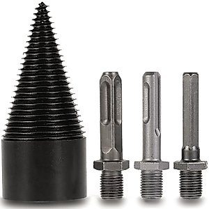 KEWAYO 4pcs Removable Splitting Wood Cone Drill Bit, Wood Splitter Drill Set for Heavy Duty Drill Split Wood Tool and Hand Drill Stick-hex+Square+Round