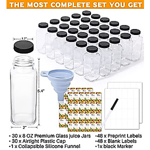 MIUKAA 30-Pack 8 oz Clear Glass Bottles with Airtight Caps, Reusable 8 oz Juicing Bottles with Black Lids, Drink Water Container Jars, Dishwash Safe