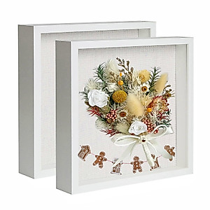 Muzilife Shadow Box Picture Frame with Linen Board Deep Wood Glass Display Case Ready to Hang Memory Box Baby Sports Memorabilia, Pins, Awards, Medals, Wedding, Tickets and Photos (White, 2pcs 8X8)