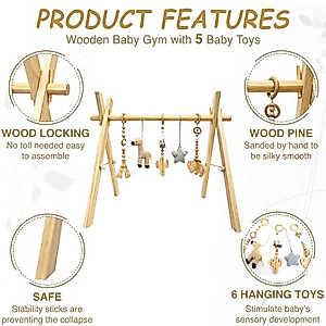 Wooden Baby Play Gym Activity Center Natural Color Handmade Infant Gym with Crochet Toys Foldable Infant Play Gym Wild West Theme Newborn Teething Toys Toddler Activity Center