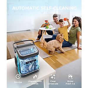 ecozy Countertop Ice Maker, Portable Ice Maker with Self-Cleaning, 9 Bullet Ice Cubes in 6 Mins, 26lbs/24Hrs, Ice Maker Machine with Ice Bags, Handle, Standing Scoop and Basket, Black