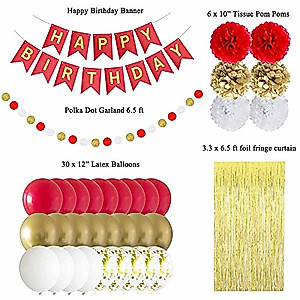 ANSOMO Red and Gold Happy Birthday Party Decorations with Banner Balloons Pom Poms Foil Fringe Curtains for Girls Women
