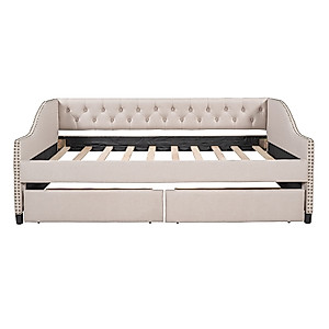 Eafurn Full Daybed with Two Drawers, Upholstered Daybed with Storage,Full Size Button Tufted Sofa Bed Day Bed with Nailhead Trim and Solid Wood Slat Support
