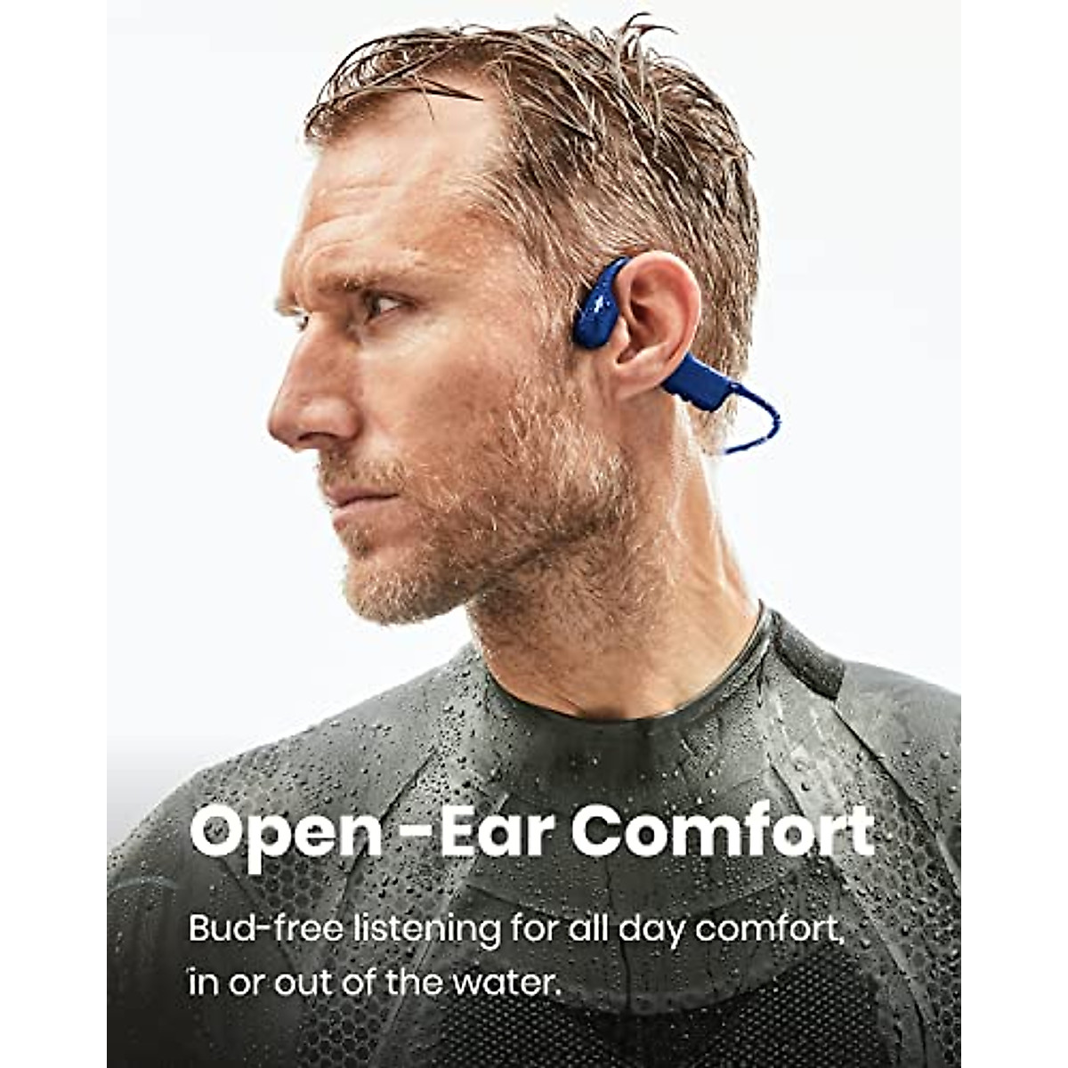 Shokz OpenSwim - Bone Conduction MP3 Waterproof Headphones for Swimming - Open-Ear Wireless Headphones, with Nose Clip and Earplug (Blue)