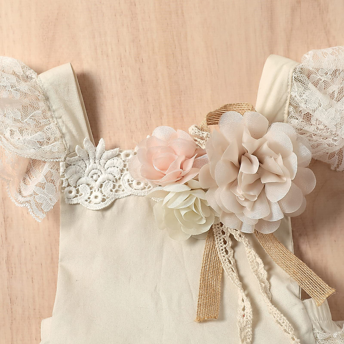 Newborn Infant Baby Girl Lace Romper Boho Dress 1st Birthday Cake Smash Outfit Tutu Ruffle Bodysuit Jumpsuit White Clothes (B1 Beige, 3-6 Months)