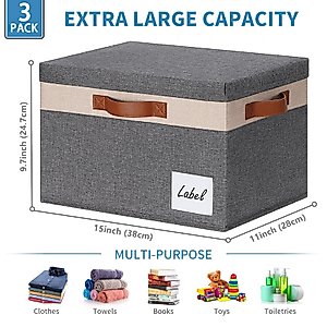 GhvyenntteS Large Storage Bins with Lids (3-Pack) Large Closet Storage Bin with Lid and 3 PU Handles, Foldable Storage Baskets for Shelves with Label Window for Home (Beige, 15" x 11" x 9.7")