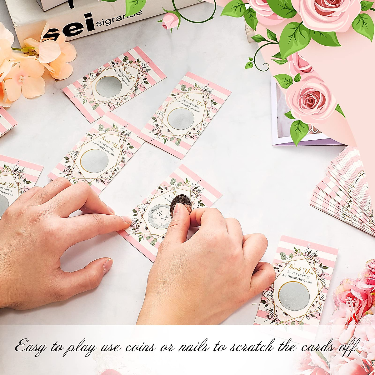 120 Pieces Scratch Off Cards for Small Business Thank You Gift Certificates Loyalty Scratch Cards and Stickers Personalized Blank Gift for Small Business Purchase (Flower Style)