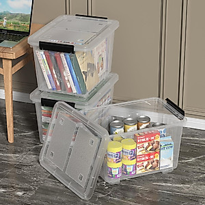 Zopnny 30 Quart Plastic Stacker Box, Large Storage Bin Container with Latching Lids and Wheels for Home and Garage Organizing, Shoes, Tools, Clear Base, 4-Pack