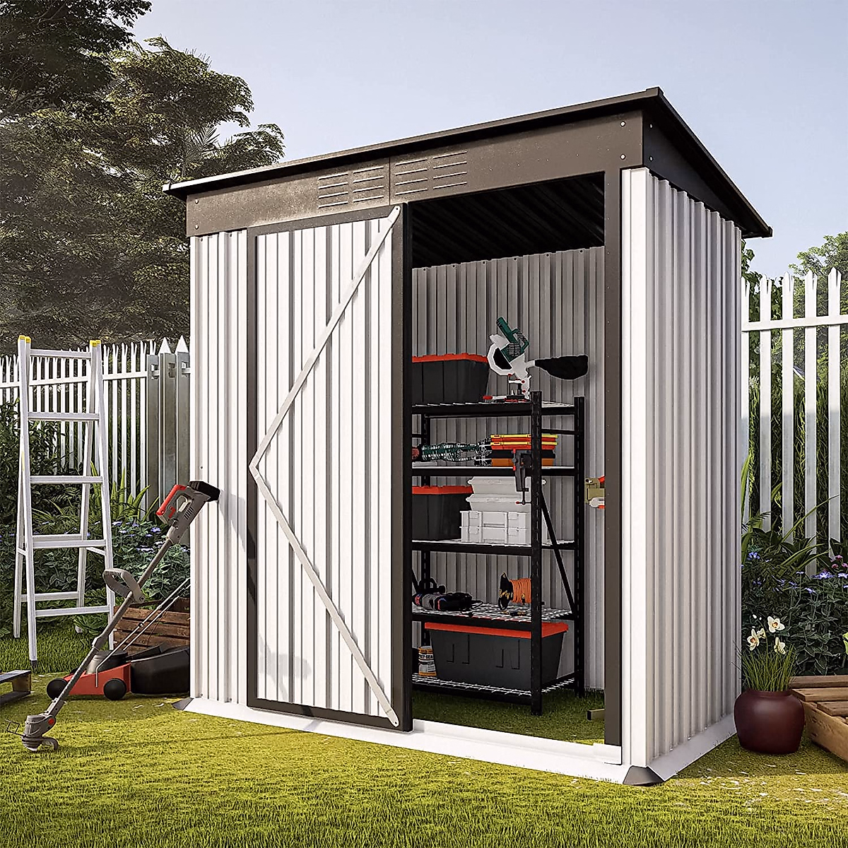 Rophefx 5' x 3' Outdoor Metal Storage Shed, Outside Waterproof Tool Shed, Steel Garden Shed with Single Lockable Door for Backyard, Patio, Lawn, White & Grey