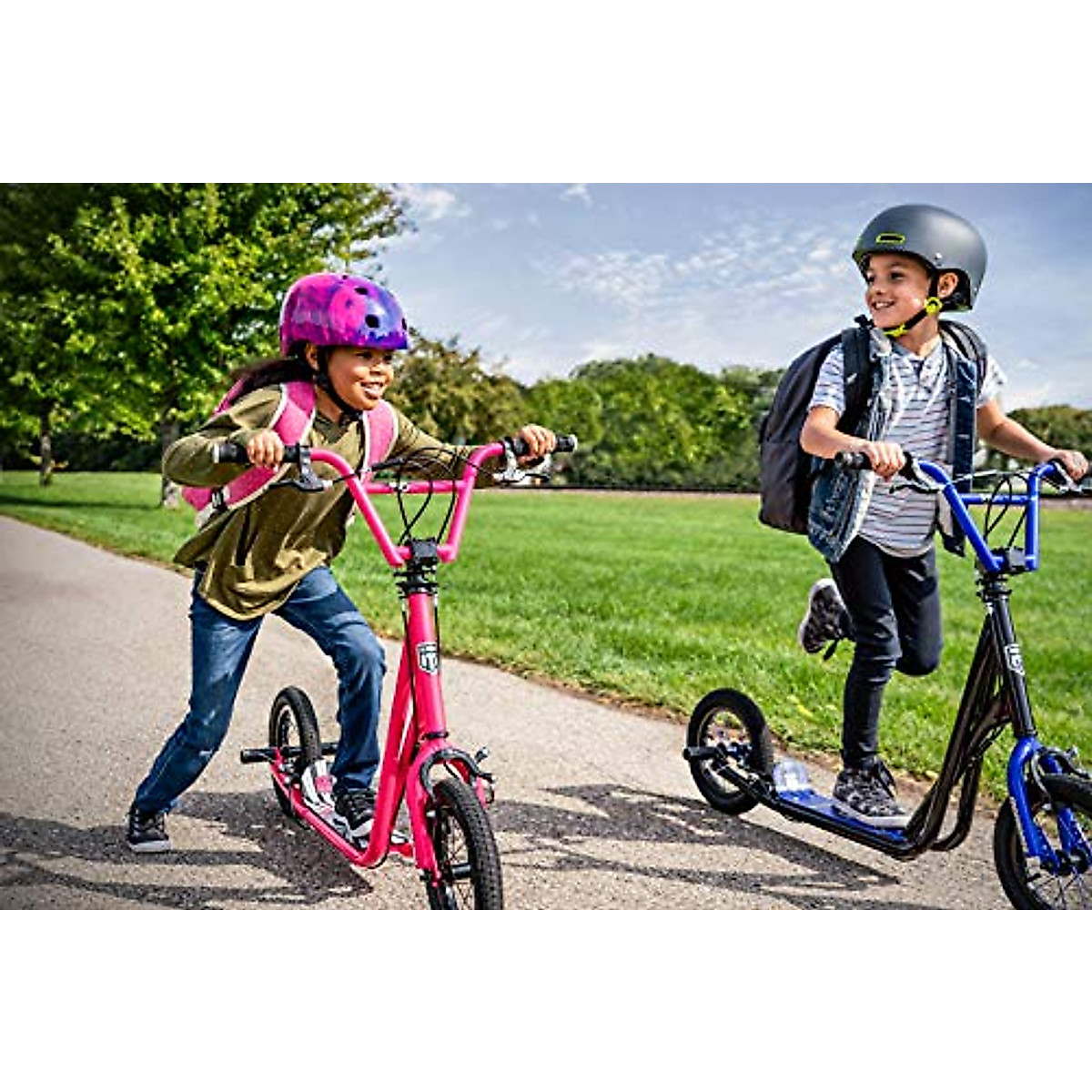 Mongoose Expo Youth Scooter, Front and Rear Caliper Brakes, Rear Axle Pegs, 12-Inch Inflatable Wheels, Black/Blue