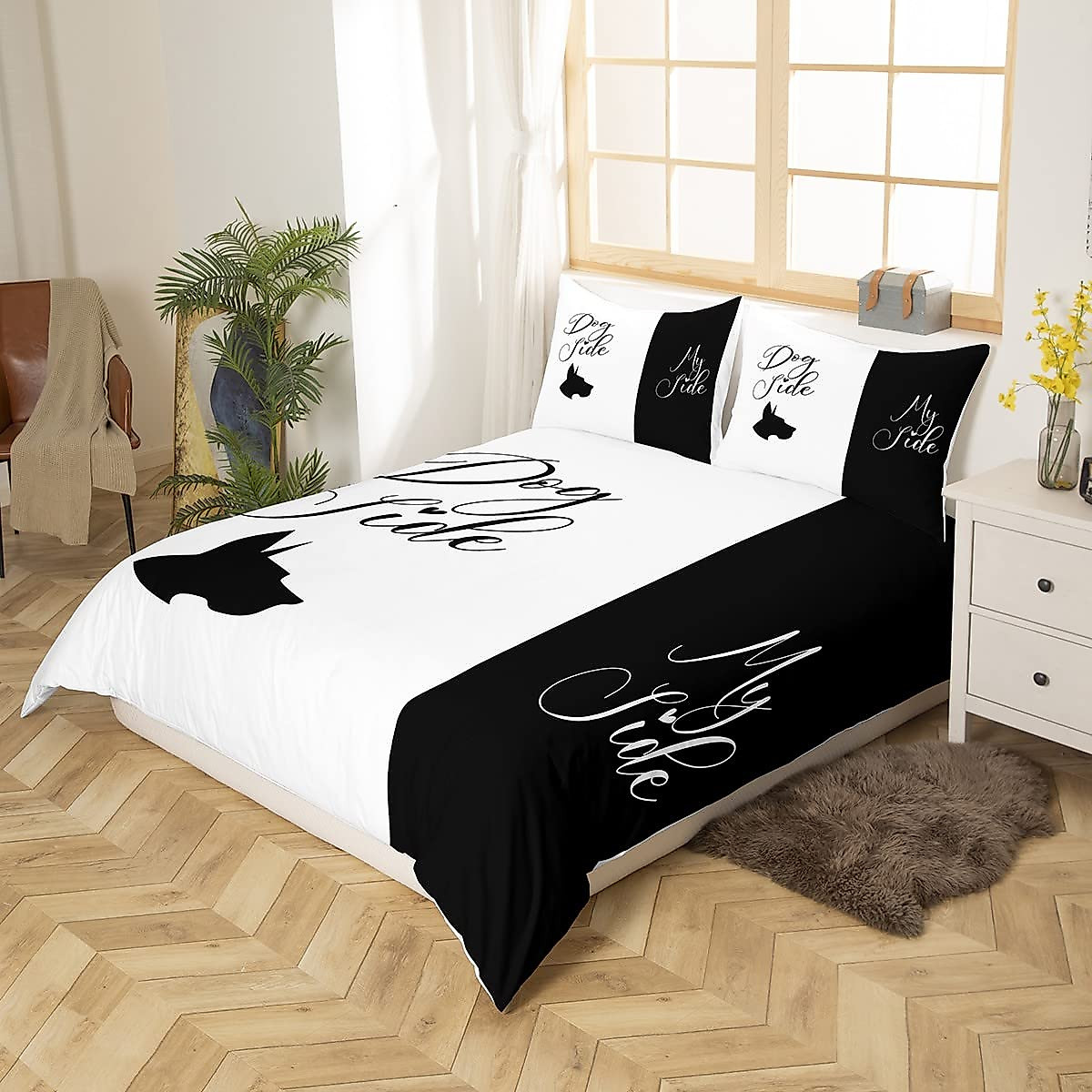 Erosebridal Dog Side My Side Comforter Cover King Size Black White Duvet Cover Microfiber Romantic Love Bedding Set Valentine's Day Wedding Anniversary Quilt Cover Room Decor with 2 Pillow Cases