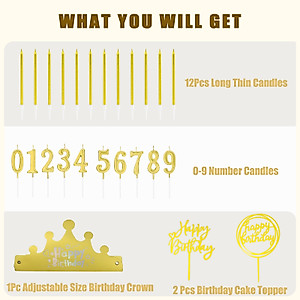 Chanseen 25Pcs Gold Birthday Candles Topper Crown Set - Number Candles 0 1 2 3 4 5 6 7 8 9, 12Pcs Long Thin Metallic Candles, 2Pcs Cake Toppers and Birthday Paper Crown Hat for Cake Decorations Party