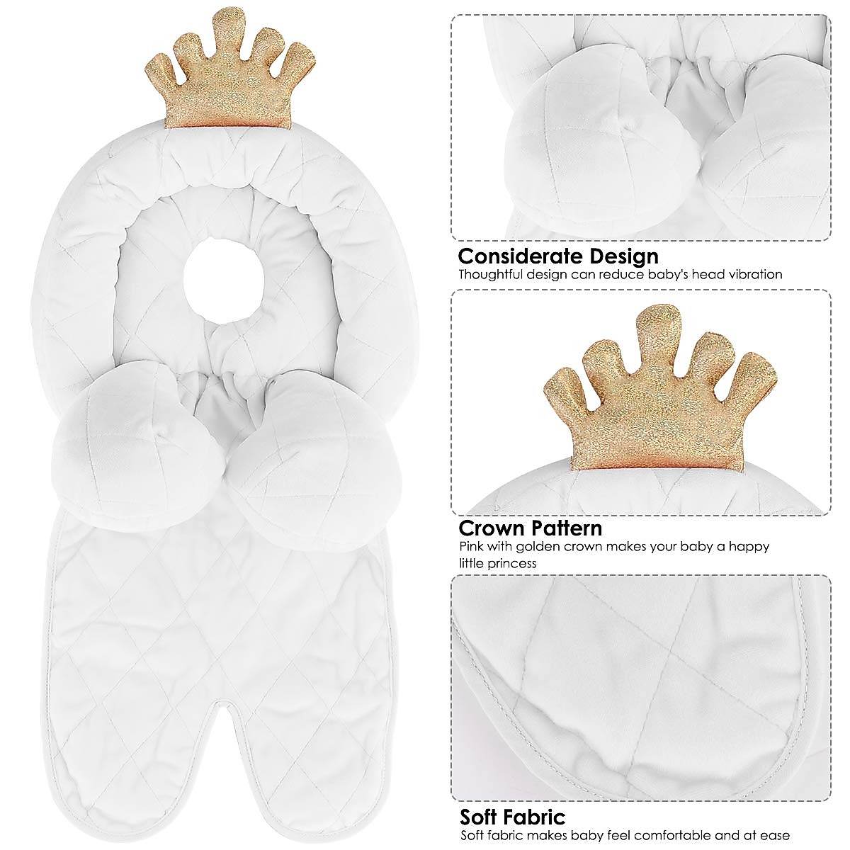 Infant Baby Head Support Pillow, Pink White Royal Princess, Toddler Breathable Head Neck and Body Support for Car Seats and Strollers