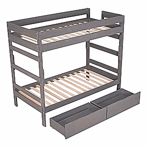 Flieks Twin Over Twin Wood Bunk Bed with 2 Drawers, Gray