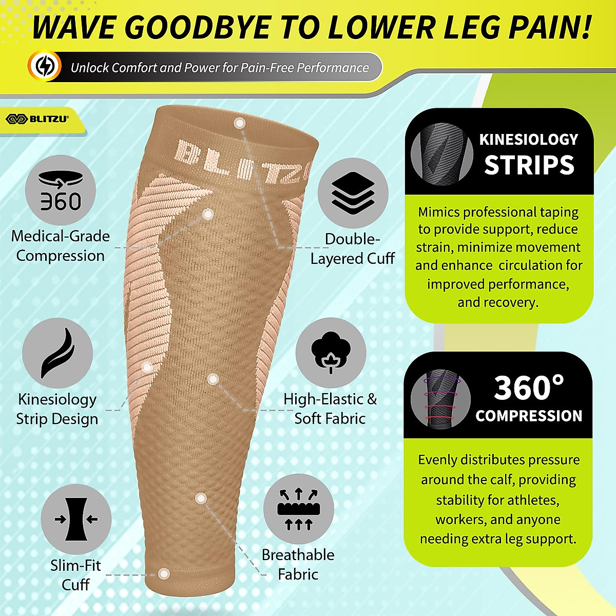 BLITZU Calf Compression Sleeve for Women and Men, Shin Splint Sleeves for Varicose Veins, Nursing, Pregnancy, Running, Footless Compression Socks Support for Calf Muscle Pain Relief Nude XXL