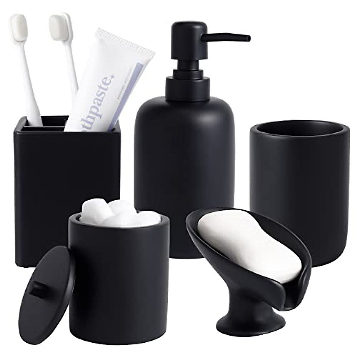 Resin Matte Black Bathroom Accessory Set of 5, Lotion Soap Dispenser, Bathroom Organizer Accessories, Toothbrush Holder, Self Draining Soap Hoder and Bathroom Tumbler for Modern Home Decor
