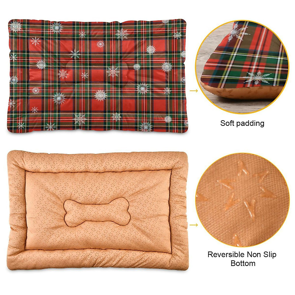 YETTASBIN Christmas Snowflake Plaid Crate Pet Bed, Portable Washable Dog Cat Mat, Soft Comfortable Pet Mattress with Non-Slip Bottom for Dogs Cats Sleeping, 24 x 18 Inch