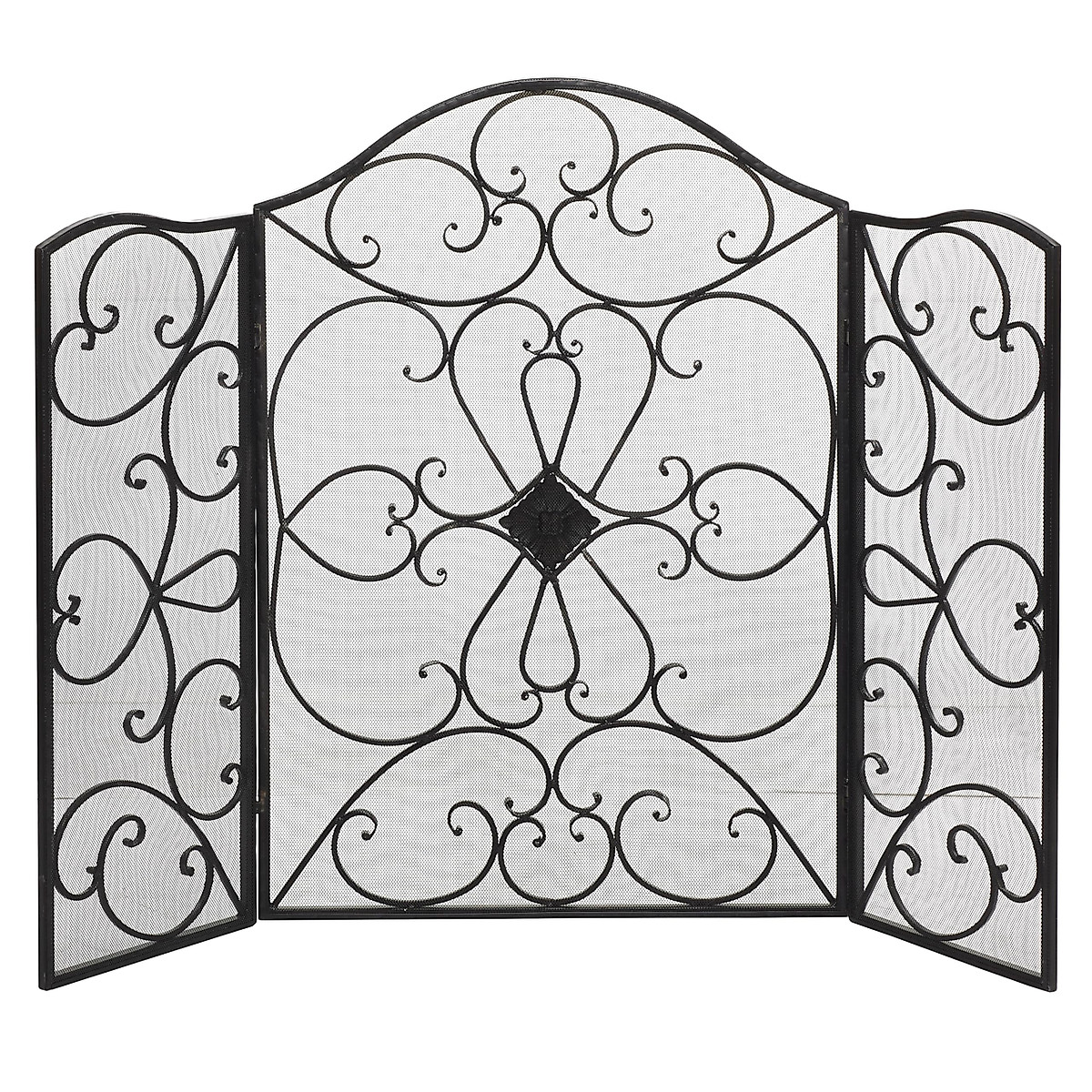 Deco 79 Metal Scroll Foldable 3 Panel Fireplace Screen with Mesh Netting, 49" x 1" x 36", Black