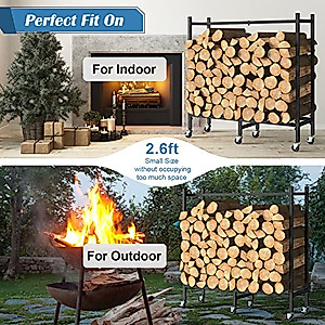 2.6ft Outdoor Indoor Firewood Rack Holder for Fireplace Wood Storage, Firewood Holder with Wheels, Heavy Duty Logs Stand Stacker Holder for Fireplace Metal Lumber Storage Carrier Organizer