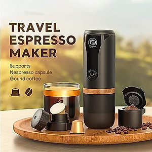 TASKITERY Portable Espresso Maker,12V Travel Coffee Machine,9 Bar Pressure Compatible with NS Capsule & Ground Coffee for Office Travel Camping Driving