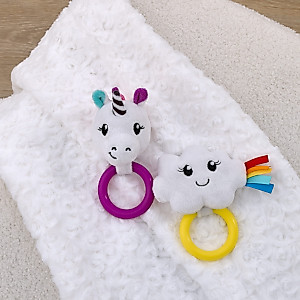 NoJo Sassy Baby Ulbright Unicorn and Cloud Multi-Colored Developmental Plush Teether Rings Two Pack with Rattle and Chime