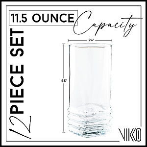 Vikko Water Glasses, Set of 12 Drinking Glasses, Thick and Durable Tumbler, 11.5 Ounce Tall Kitchen Glasses, Dishwasher Safe Highball Glass Tumbler, Heavy Duty Cups