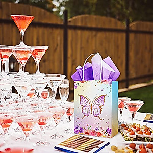 16 PCS Butterfly Party Gift Bag Favors Bags with Tissue Paper Goodie Paper Bags Pink and Purple Flowers Candy Paper Bags with Handles for Kids Girl Birthday Party Decor Baby Shower(8.2" x 5.9" x 3.1")