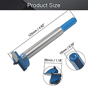 Utoolmart Forstner Drill Bits, 30mm/1.12 Inch Cemented Carbide Wood Cutter Tool, Round Shank Woodworking Hole Saw Cutter, Length: 125mm (Blue)